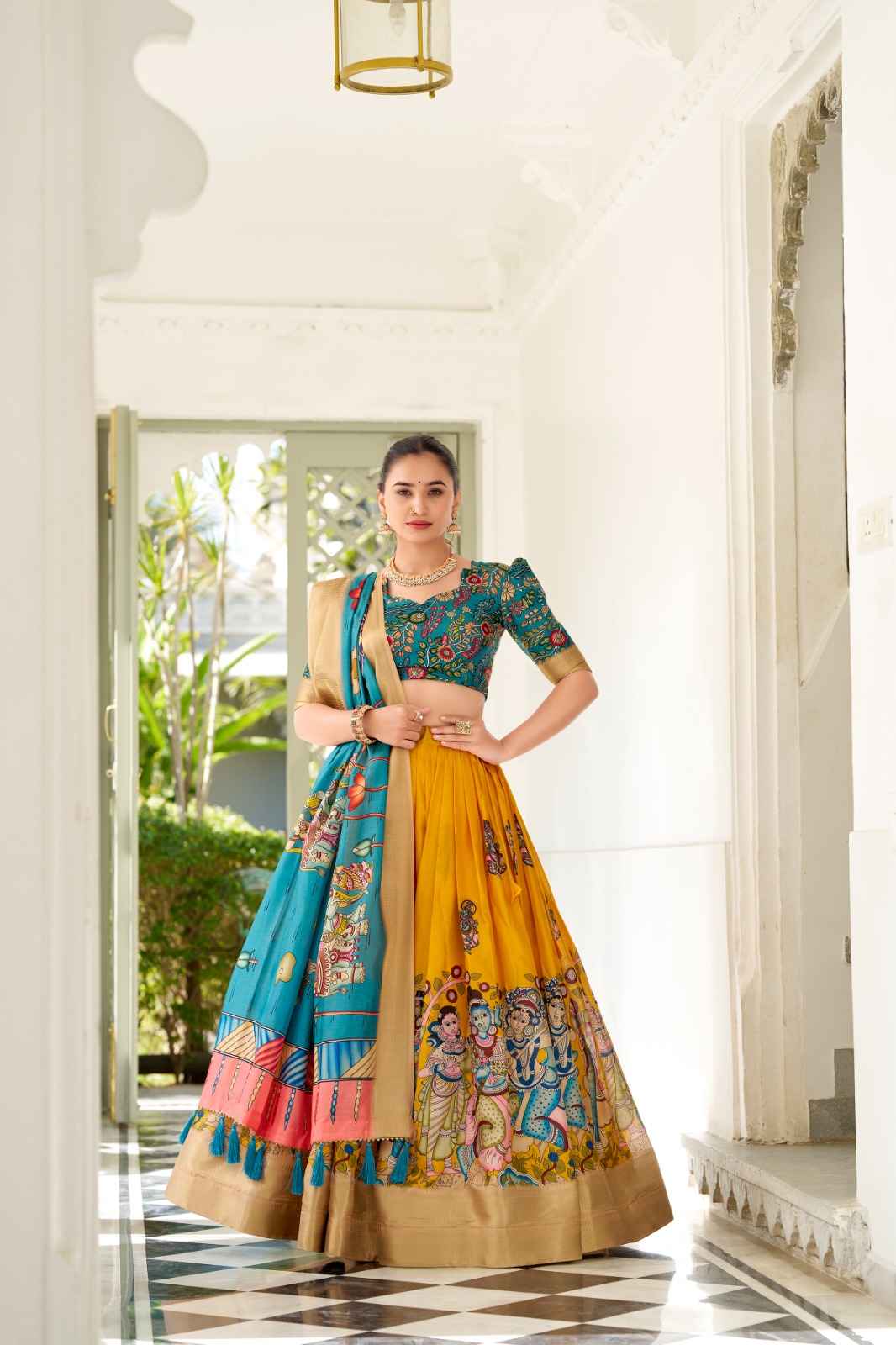 DOLA SILK KALAMKARI PRINT WITH WEAVING BORDER LEHENGA CHOLI WHOLESALE ...