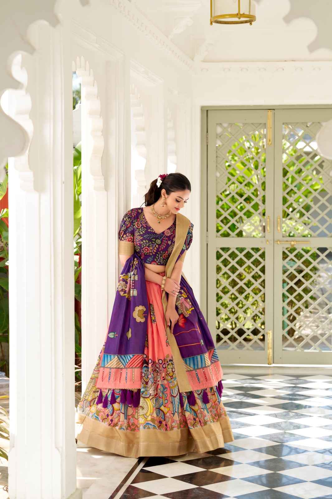 DOLA SILK KALAMKARI PRINT WITH WEAVING BORDER LEHENGA CHOLI WHOLESALE ...