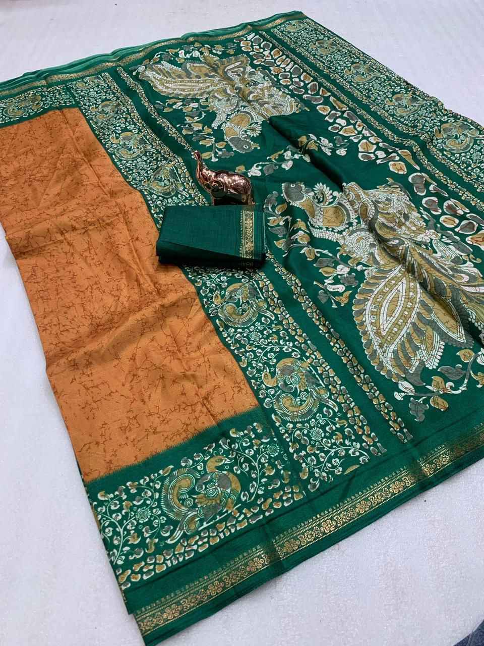 DOLA SILK KALAMKARI PRINTS GOLD WEAVING ZARI BORDER SAREE WHOLESALE ...