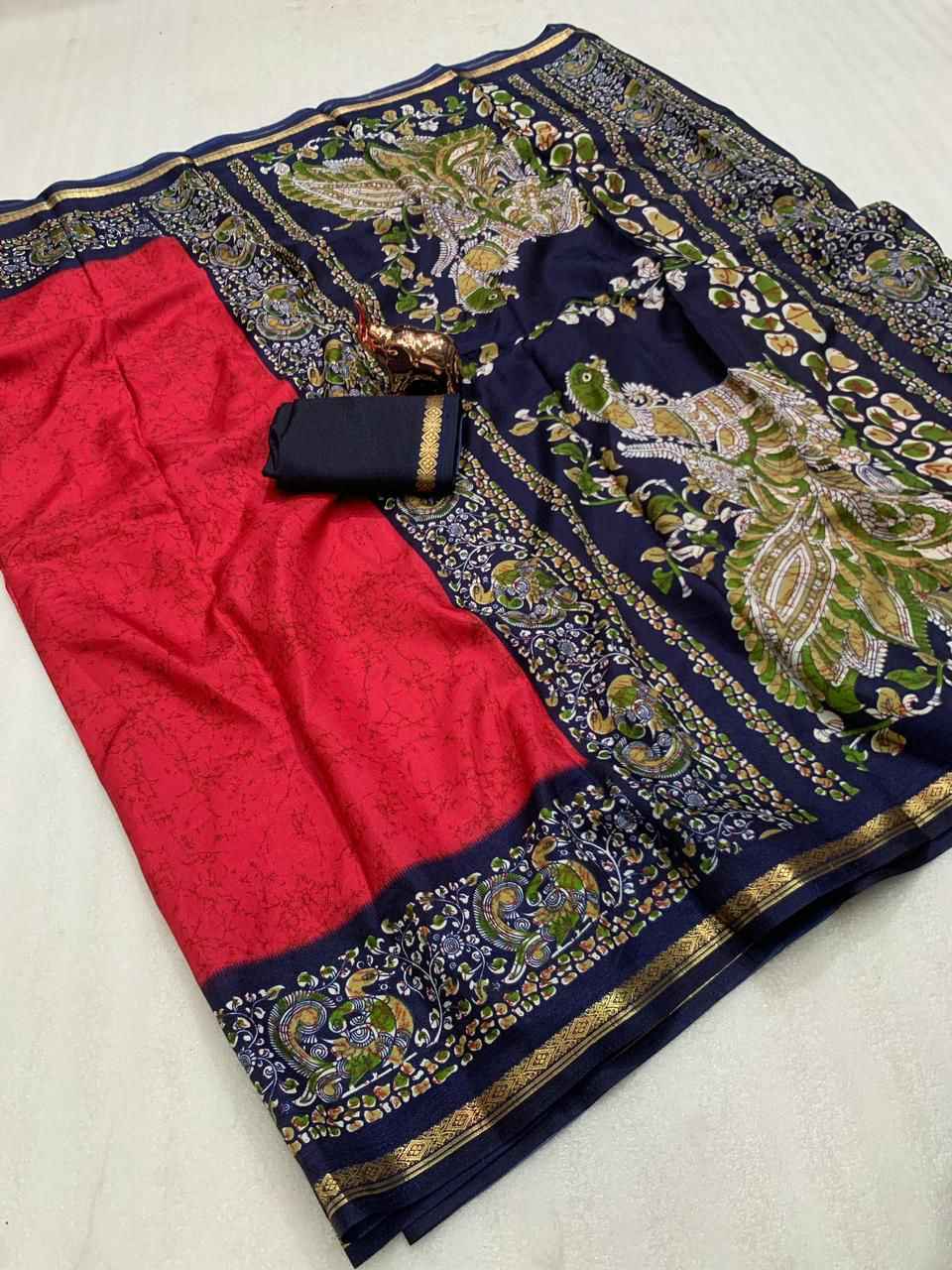 DOLA SILK KALAMKARI PRINTS GOLD WEAVING ZARI BORDER SAREE WHOLESALE ...