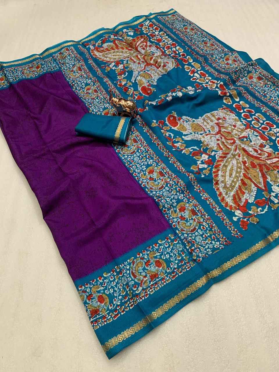 DOLA SILK KALAMKARI PRINTS GOLD WEAVING ZARI BORDER SAREE WHOLESALE ...