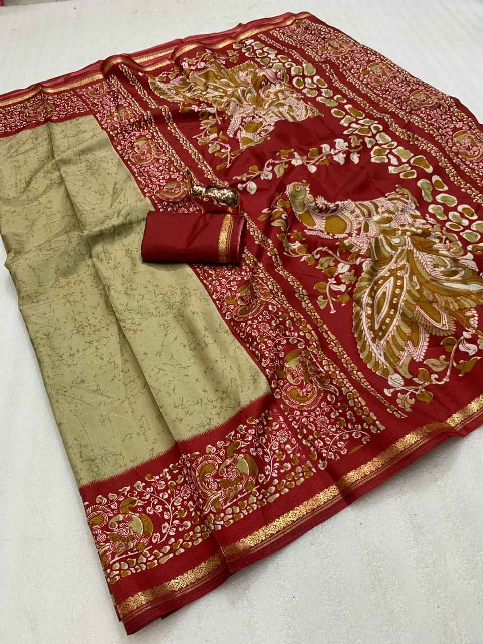 DOLA SILK KALAMKARI PRINTS GOLD WEAVING ZARI BORDER SAREE WHOLESALE ...