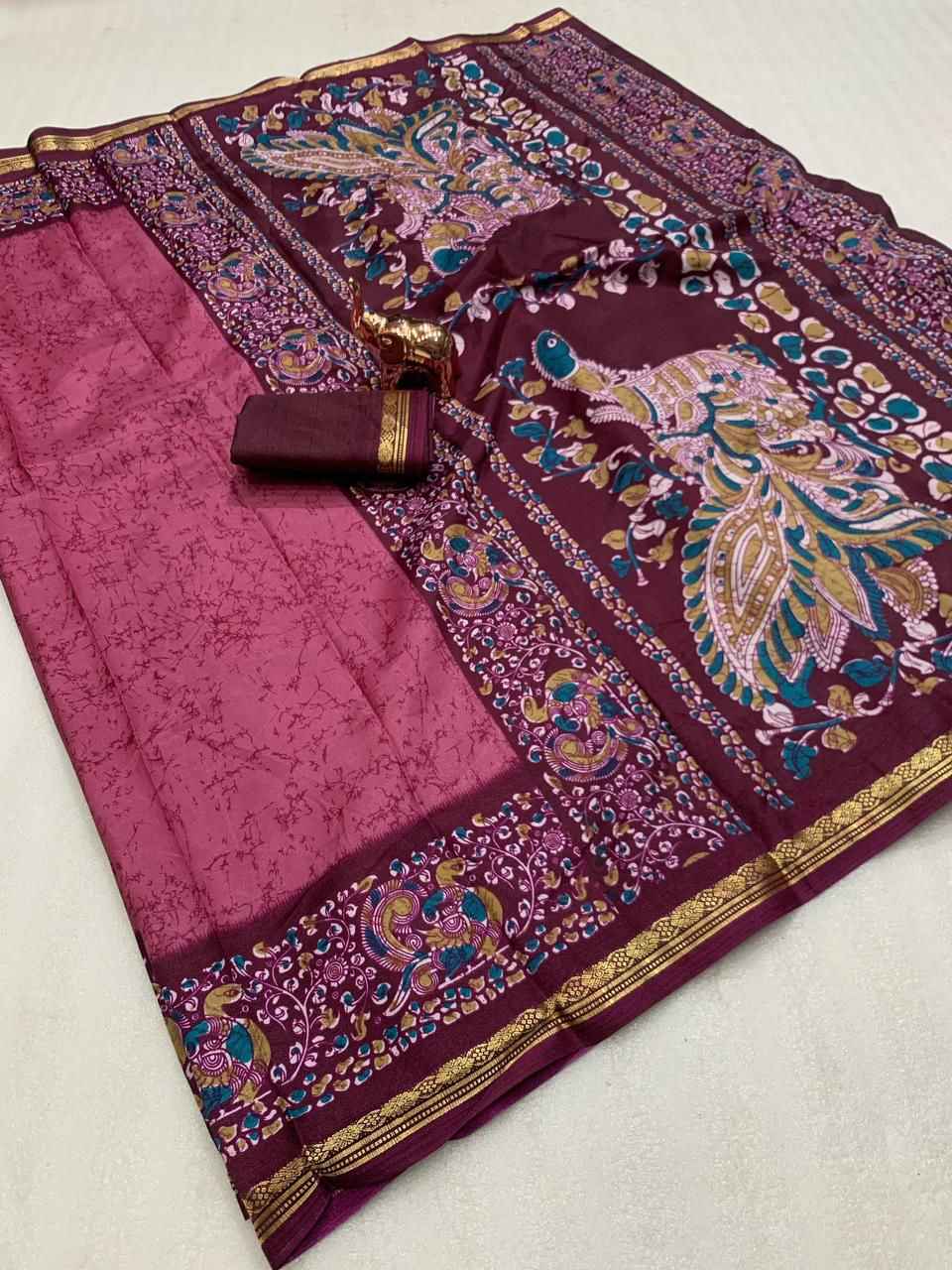 DOLA SILK KALAMKARI PRINTS GOLD WEAVING ZARI BORDER SAREE WHOLESALE ...
