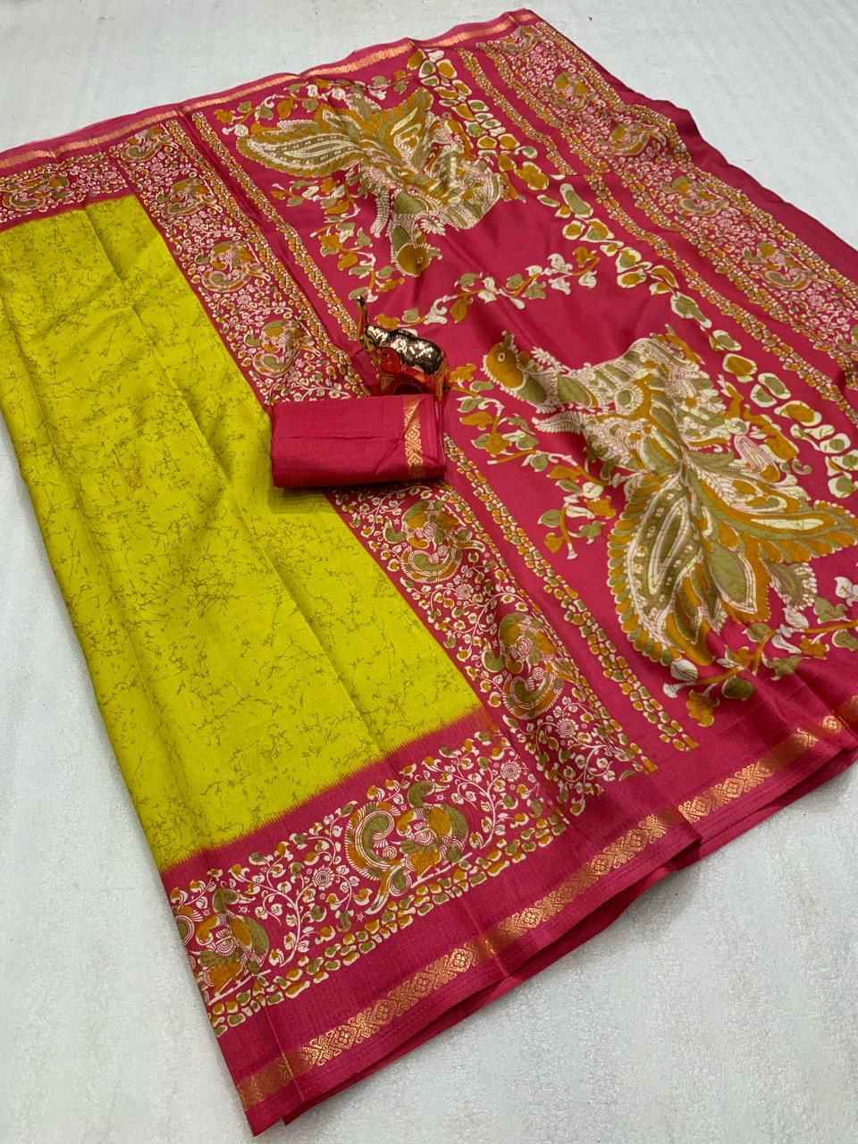 DOLA SILK KALAMKARI PRINTS GOLD WEAVING ZARI BORDER SAREE WHOLESALE ...