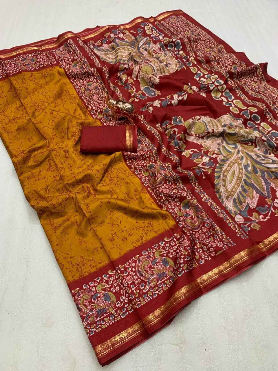 DOLA SILK KALAMKARI PRINTS GOLD WEAVING ZARI BORDER SAREE WHOLESALE ...