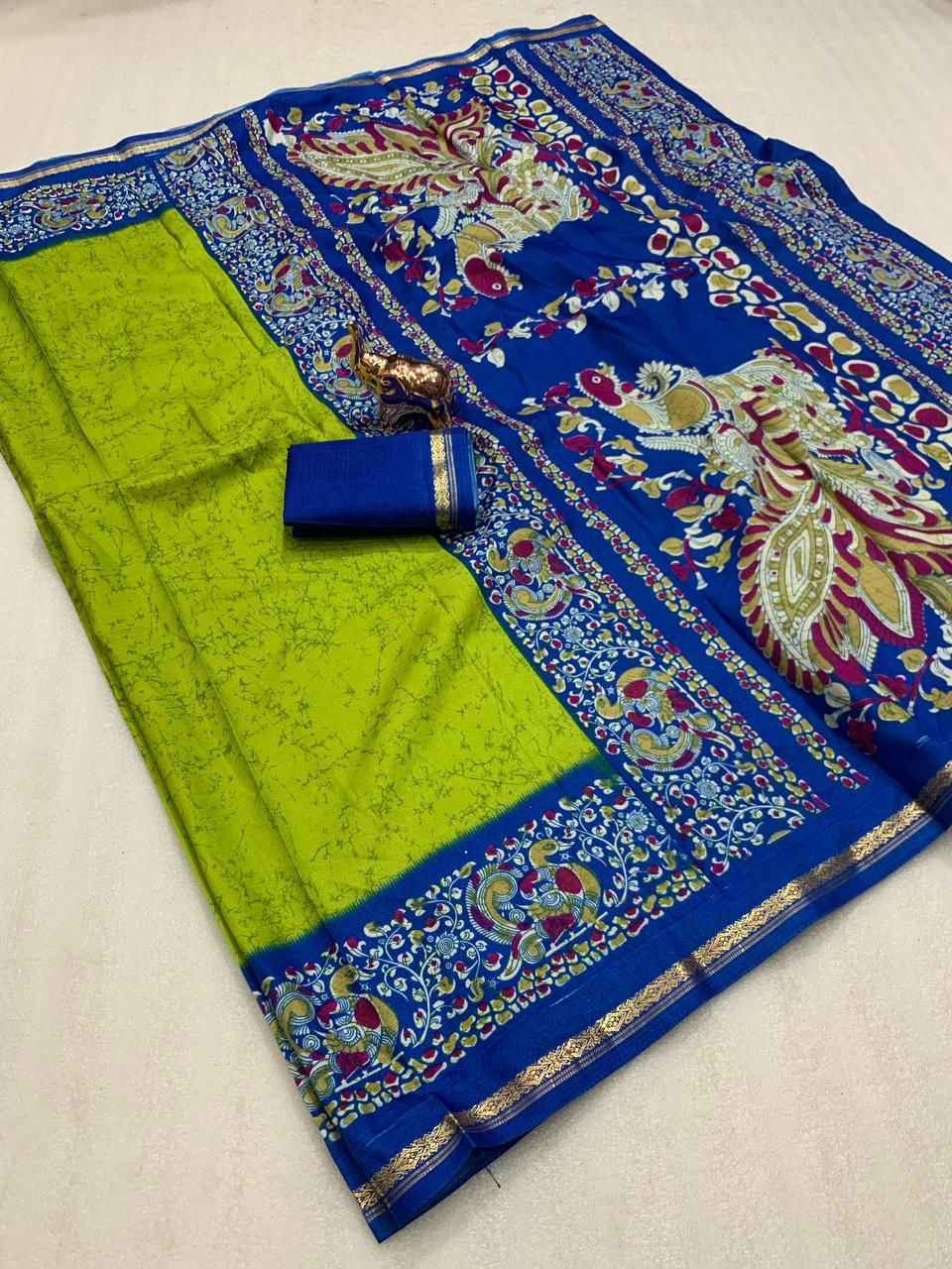 DOLA SILK KALAMKARI PRINTS GOLD WEAVING ZARI BORDER SAREE WHOLESALE ...
