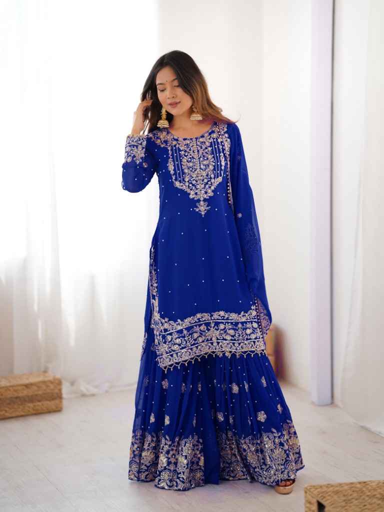 PREMIUM FAUX GEORGETTE EMBROIDERY SEQUENCE THREAD AND PEARL WORK ...