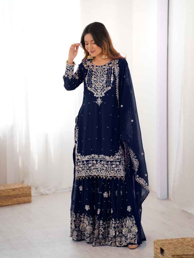 PREMIUM FAUX GEORGETTE EMBROIDERY SEQUENCE THREAD AND PEARL WORK ...